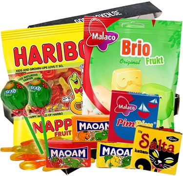 En ljuvlig box med bl a Haribo nappar, Brio och Maoam. | Godisboxen.se